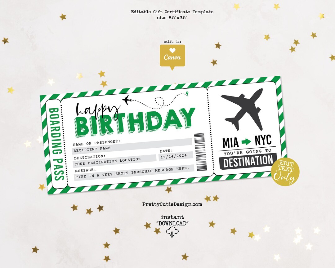 Green Birthday Boarding Pass Gift Certificate Editable Template ...