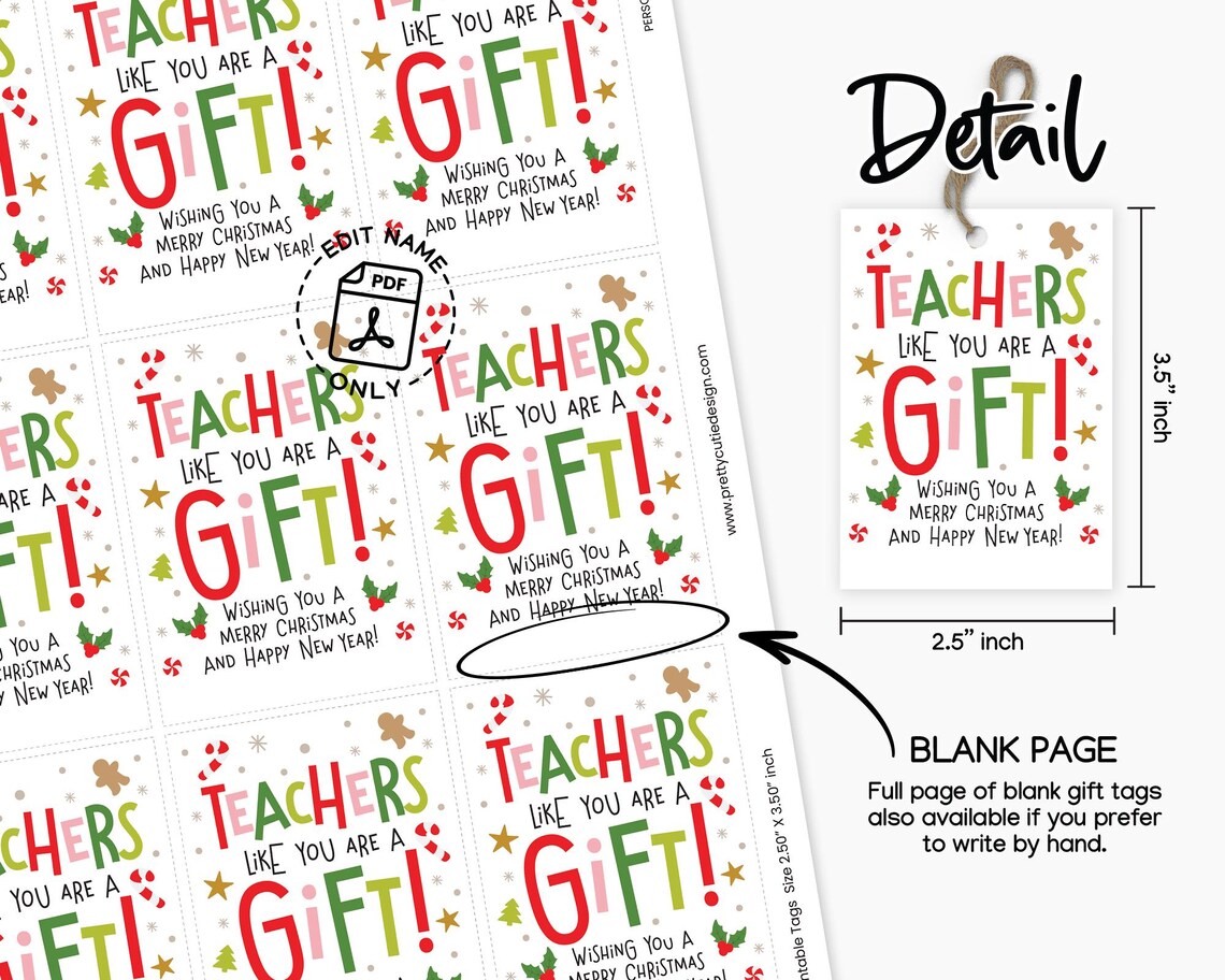 Teacher Christmas Gift Tags, Holiday Treat Bag Printable, Staff ...