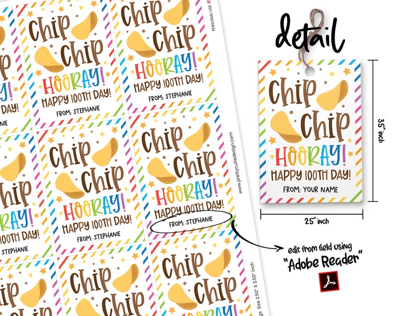 100 Days School Printable Gift Tag, Chip Chip Hooray Happy 100 Days of ...
