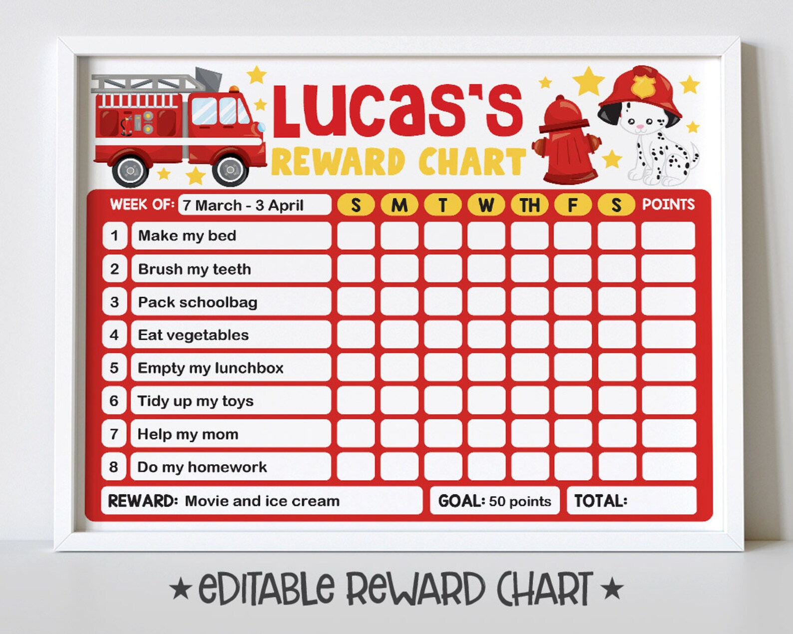 Firefighter Reward Chart for Kids Simple Kids Editable Reward | Etsy