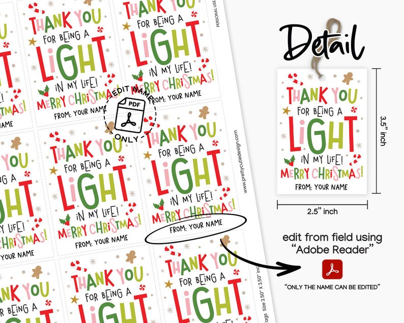 Christmas Gift Tags, Thank You Light in My Life Printable, Teacher ...