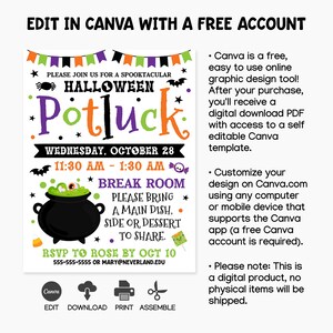 Halloween Potluck Invitation Template: Editable Canva Flyer for Office ...