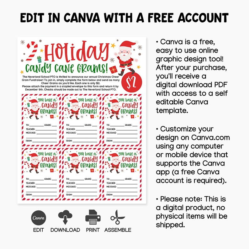 Holiday Candy Cane Grams, Canva Template, School PTO Fundraiser Order ...