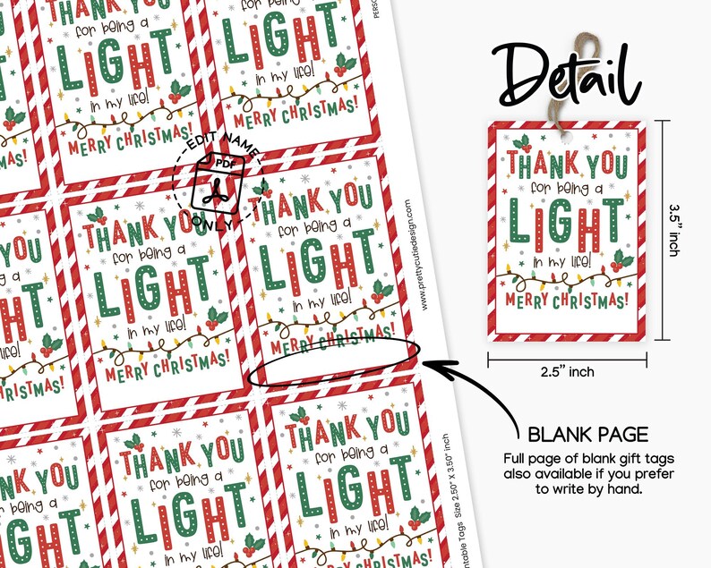 Christmas Thank You Gift Tags, Light in My Life, Holiday Treat Labels ...