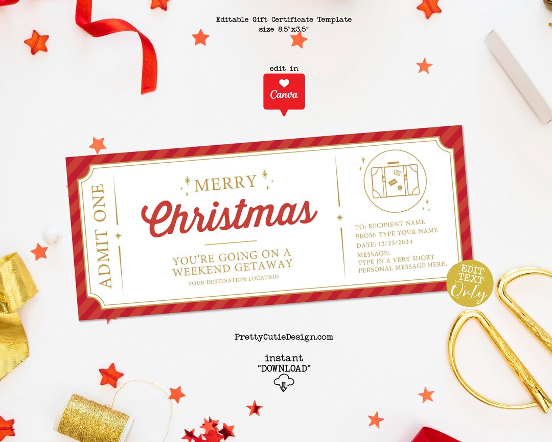 Christmas Weekend Getaway Surprise Gift Ticket Template, Editable Hotel ...