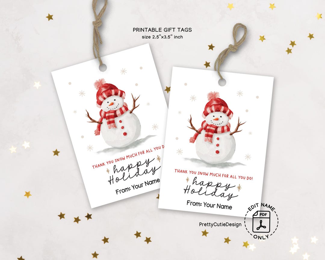 Snowman Gift Tags, Thank You Snow Much, Printable Holiday Labels for ...