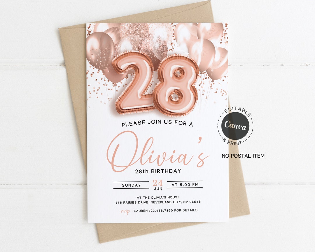 28th Birthday Invitation Download, Printable Rose Gold Birthday ...