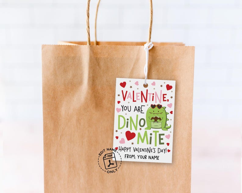 Dino-mite Valentine Gift Tags, Printable Dinosaur Classroom Favor, Kids ...