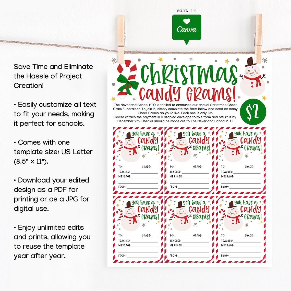 Christmas Candy Gram Cards, Canva Template, School PTO Holiday ...
