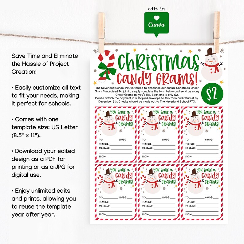 Christmas Candy Gram Cards, Canva Template, School PTO Holiday ...