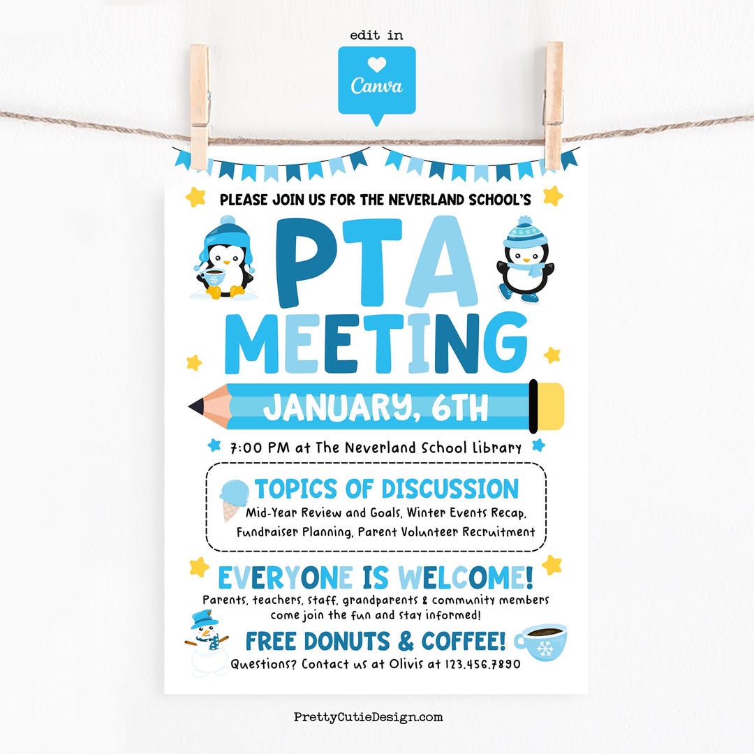 Winter PTA PTO Meeting Flyer Printable, Editable January Parent Teacher ...