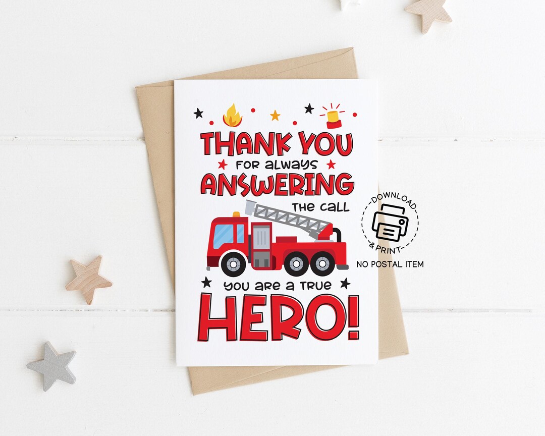 Firefighter Appreciation Card Printable, Thank You Firefighter Greeting ...