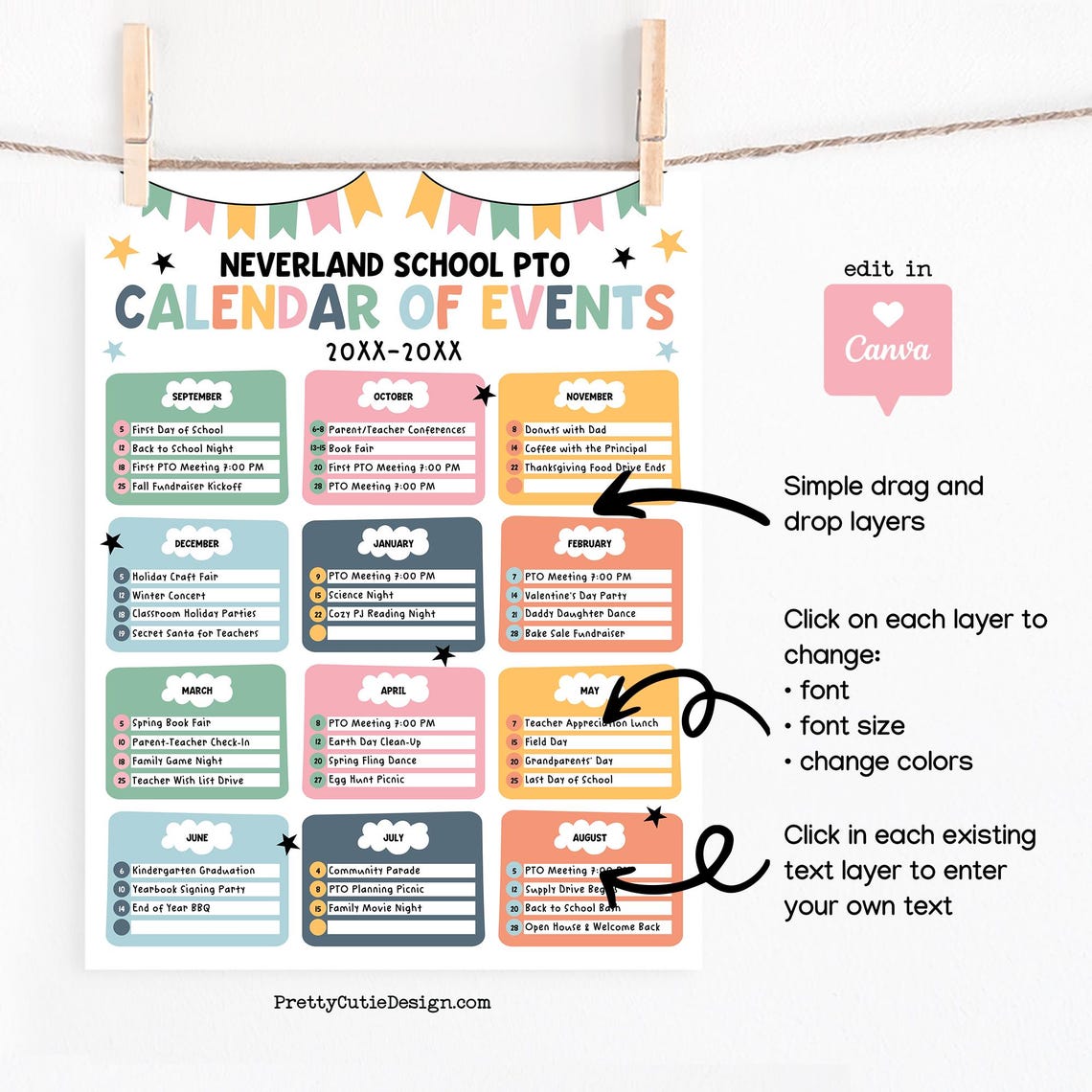 Editable School Calendar Template: PTA PTO Events Planner (canva ...
