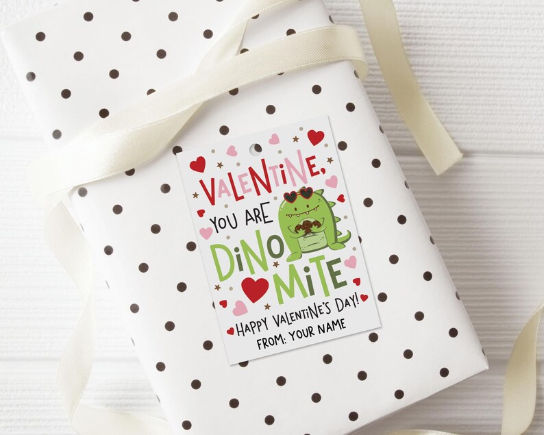 Dino-mite Valentine Gift Tags, Printable Dinosaur Classroom Favor, Kids ...