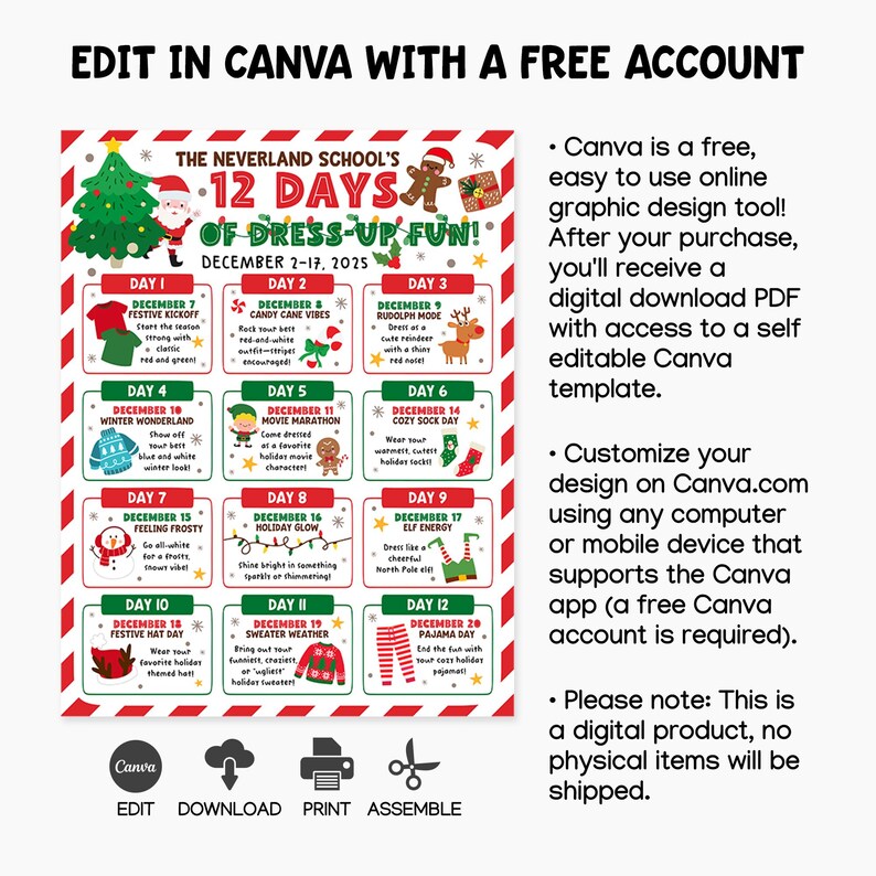 12 Days of Christmas Dress up Flyer Printable, Editable School Spirit ...