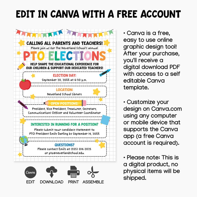 PTA PTO Elections Flyer Template, Editable Canva School Event ...