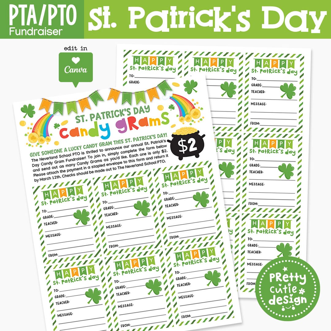 St. Patrick's Day Candy Grams Printable, School Fundraiser Form, Canva ...