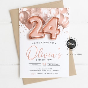 24th Birthday Invitation Download, Printable Rose Gold Birthday ...