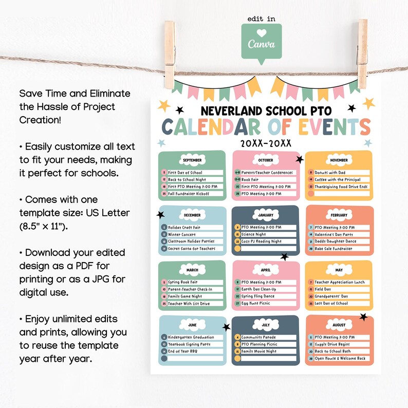 Editable School Calendar Template: PTA PTO Events Planner (canva ...