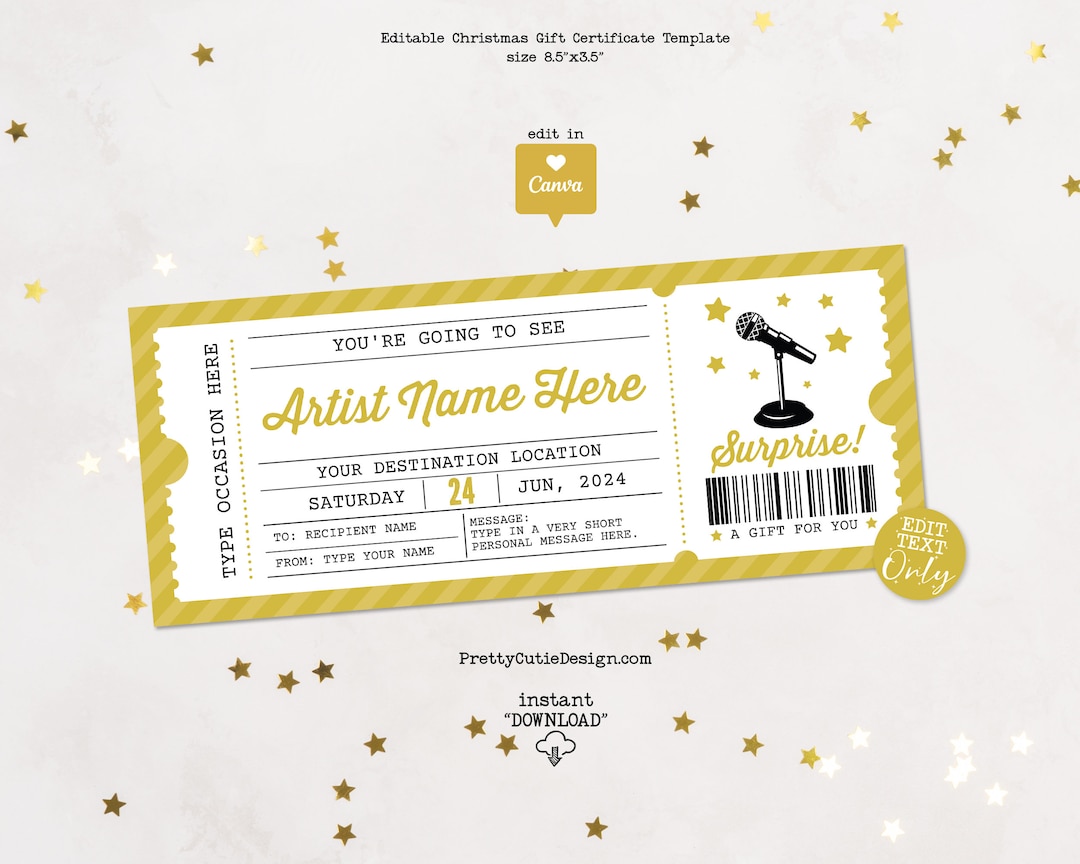 Editable Concert Gift Ticket Template Printable Voucher, Birthday ...