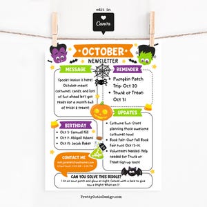 October Classroom Newsletter Template, Editable Monthly School ...