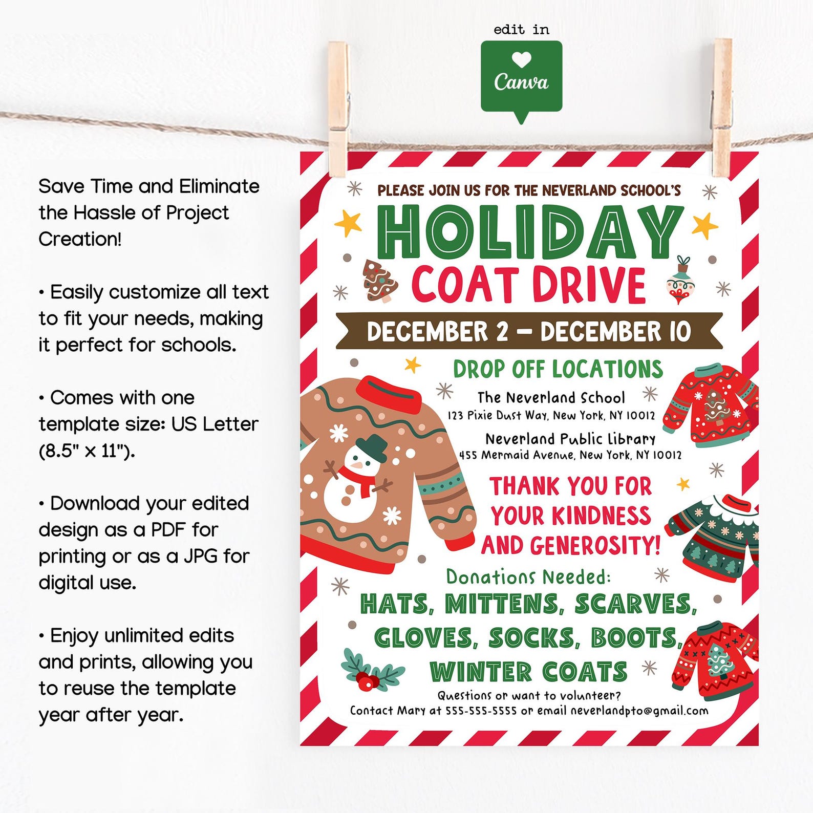 Holiday Coat Drive Flyer, Canva Template, School Winter Clothing ...
