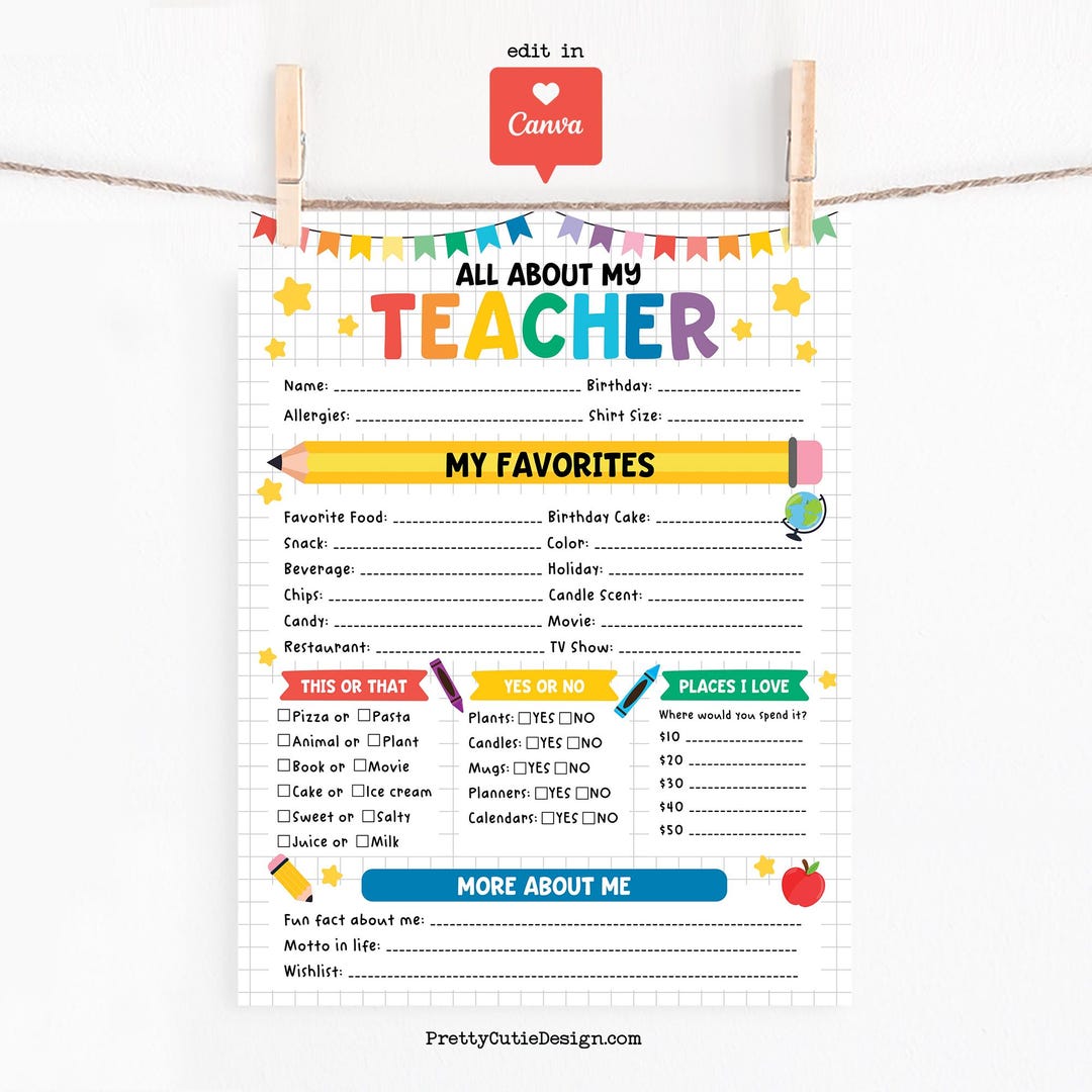 Teacher Favorite Things List Printable: Back to School Gift ...