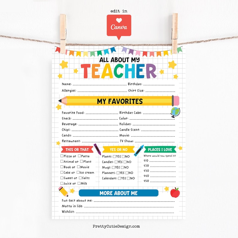 Teacher Favorite Things List Printable: Back to School Gift ...