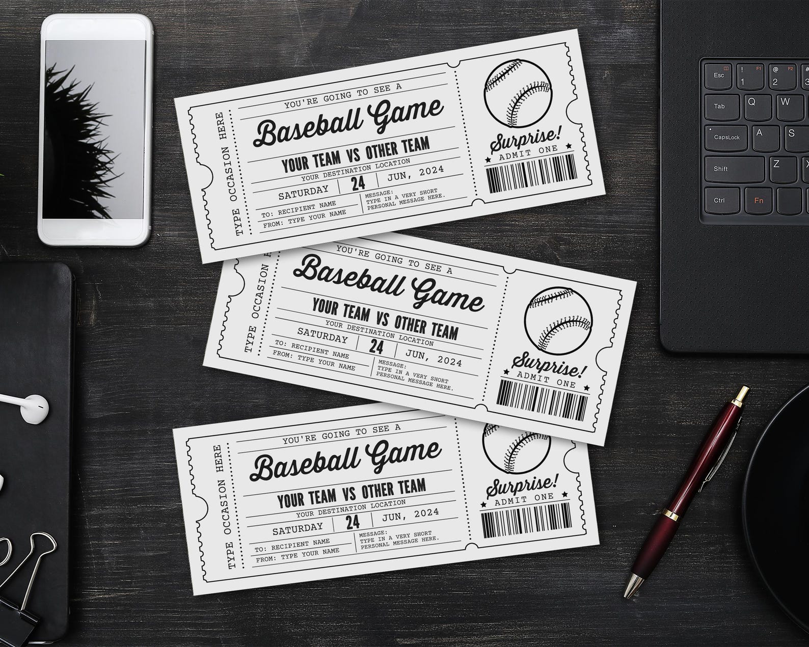 Baseball Game Ticket Gift Template: Printable Surprise Voucher (8.5x3.5 ...