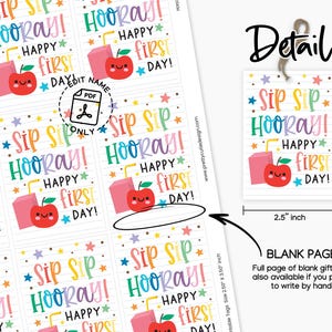 First Day of School Gift Tags Printable, Sip Sip Hooray Tags, Back to ...