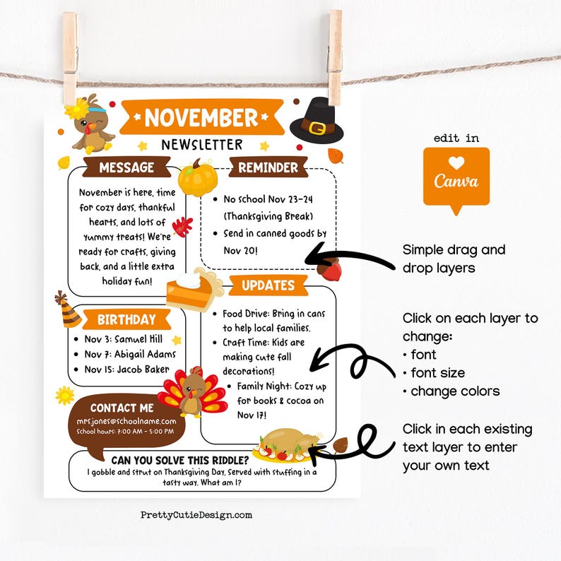 November Classroom Newsletter Template: Editable Thanksgiving Flyer ...