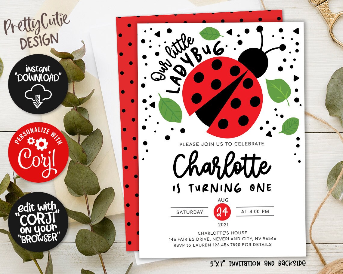 Ladybug First Birthday Invitation for Girl Baby Girl First | Etsy