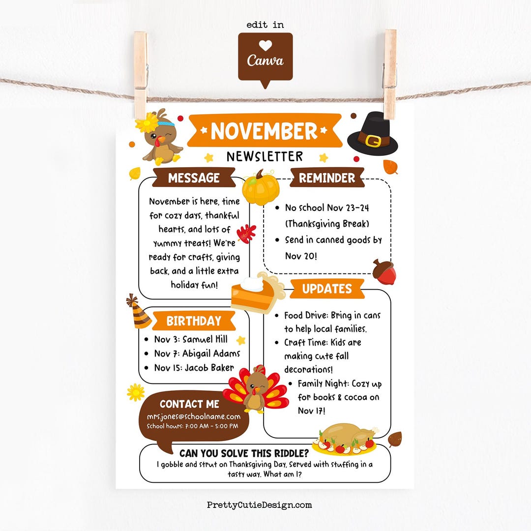 November Classroom Newsletter Template: Editable Thanksgiving Flyer ...