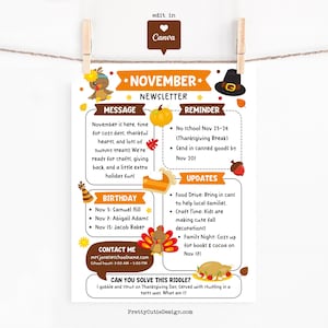 November Classroom Newsletter Template: Editable Thanksgiving Flyer ...