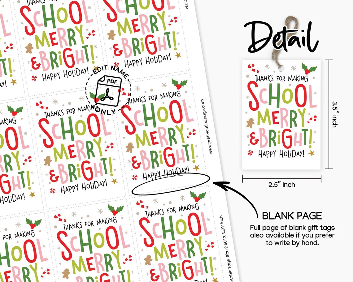 Teacher Christmas Gift Tags, School Merry and Bright Printable, Staff ...