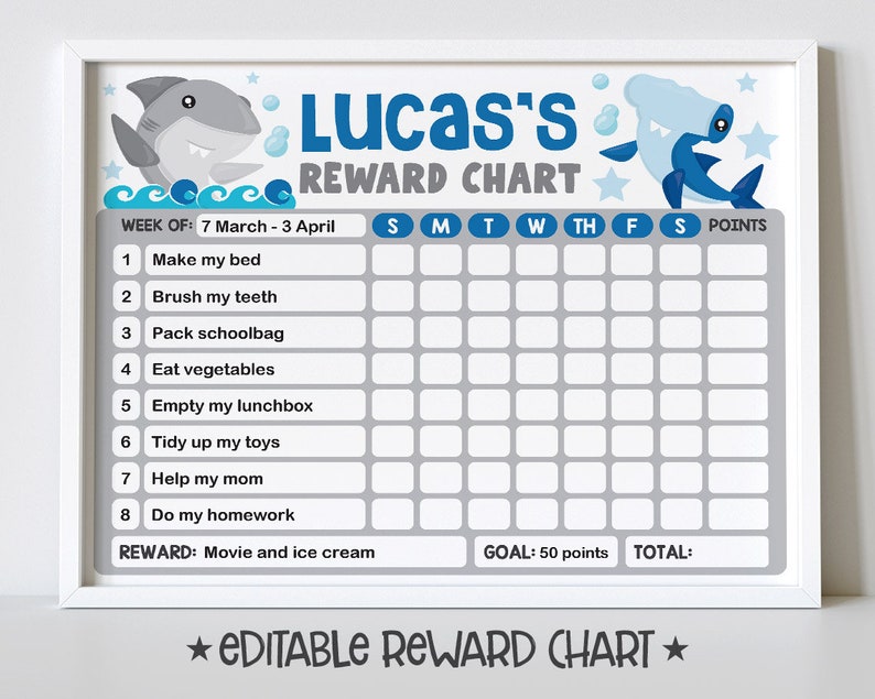 Shark Reward Chart for Kids Simple Kids Editable Reward Chart - Etsy