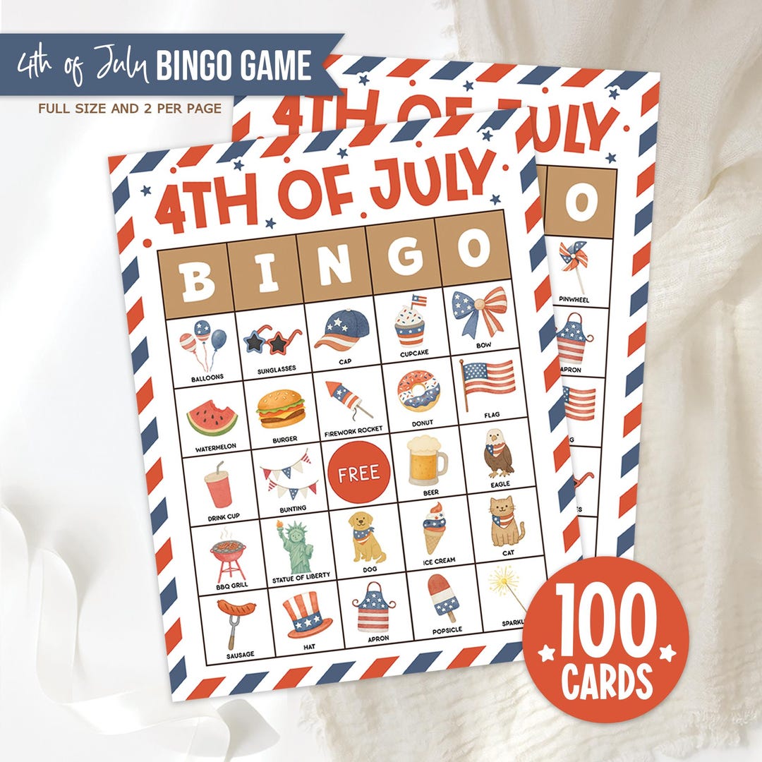 4th of July Bingo Game Printable, 100 Patriotic Bingo Cards for Kids ...