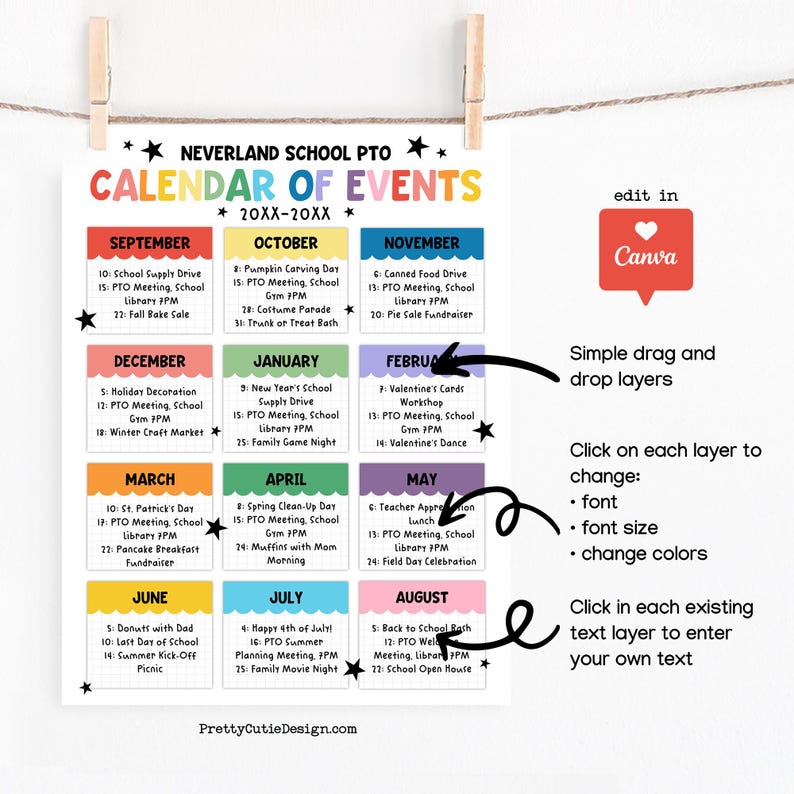 Editable School Calendar Template: PTO PTA Events Planner (canva ...
