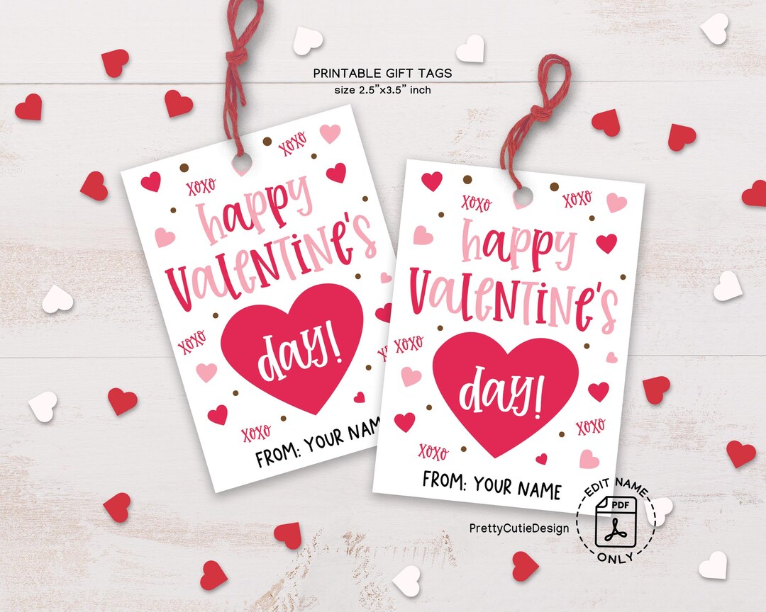 Happy Valentine's Day Gift Tag, Pink Valentine's Day Heart Tag XOXO ...