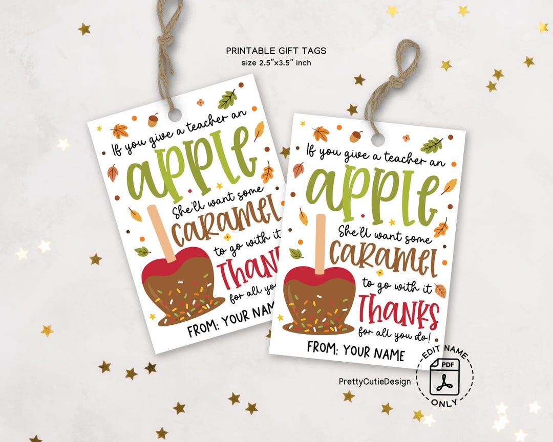 Teacher Thanksgiving Gift Tags, Fall Caramel Apple Tag, Teacher ...