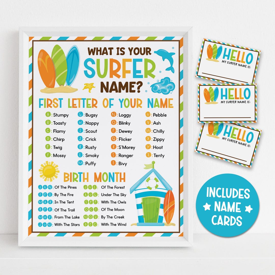 Surfer Name Game Printable, Beach Birthday Party Activity for Kids ...
