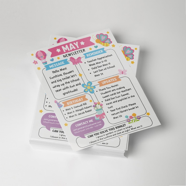 May Classroom Newsletter Template: Editable Spring Teacher Updates ...