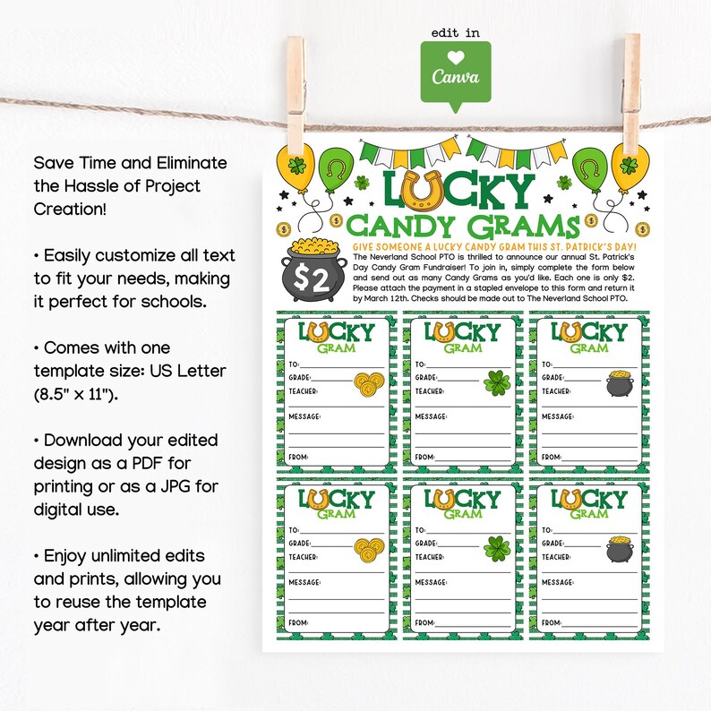 St Patricks Candy Gram Fundraiser Flyer Template, Editable St Patrick's ...