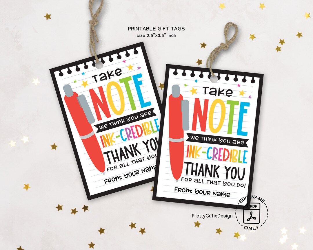 Teacher Appreciation Gift Tags: Take Note Pen Design (printable) - Etsy