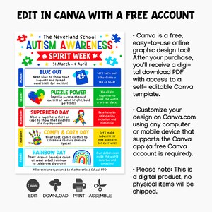 Autism Awareness Spirit Week Flyer Template, School Spirit Week ...