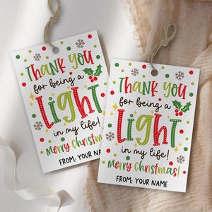 Christmas Candle Gift Tag Printable, Thank You for Being Light in My ...