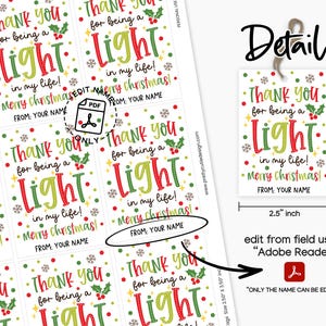 Christmas Candle Gift Tag Printable, Thank You for Being Light in My ...