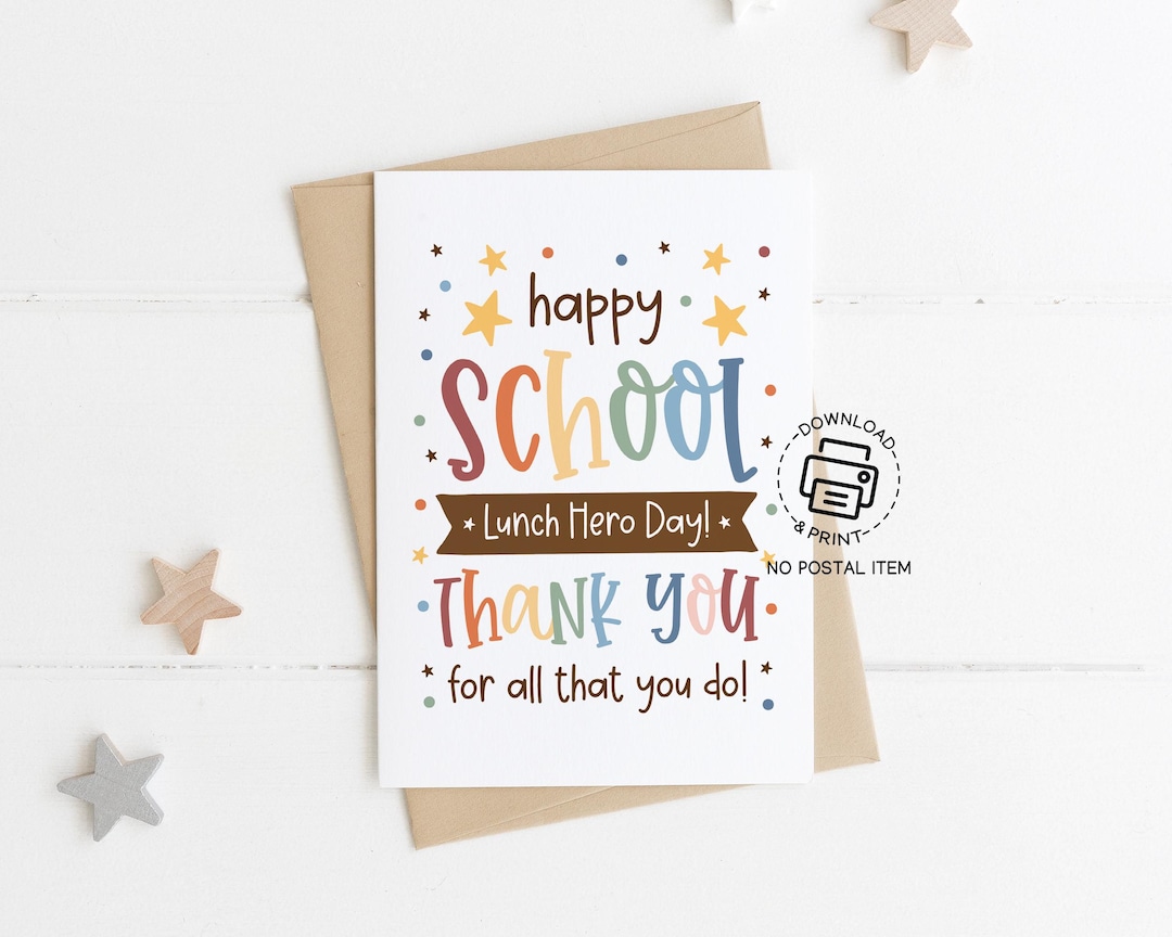 Happy School Lunch Hero Day Card Printable, Cute Thank You Note for ...