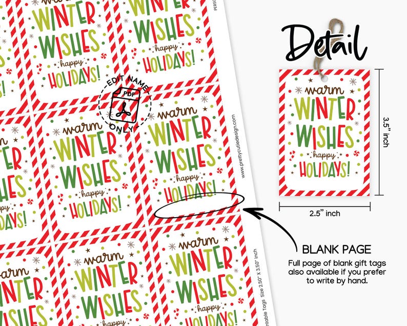 Winter Wishes Gift Tags Printable, Warm Holiday Favor Labels, Christmas ...