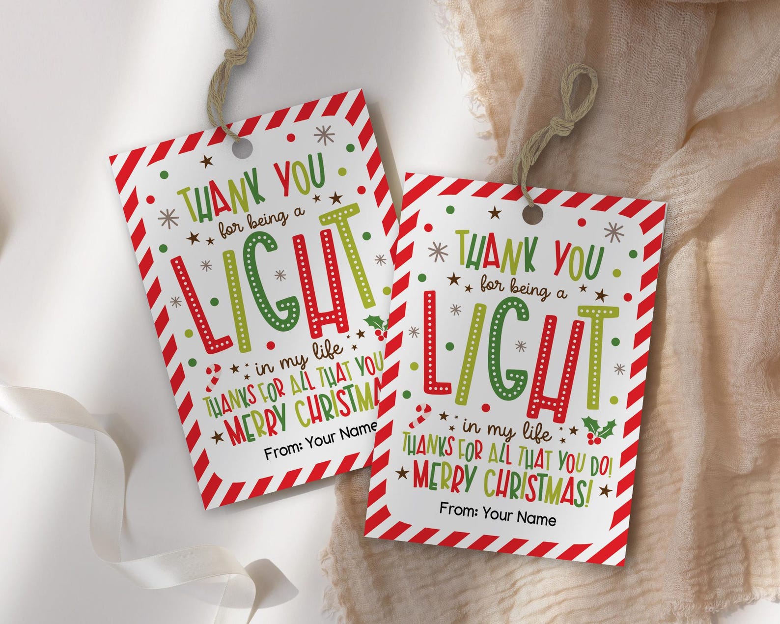 Thank You for Being a Light Gift Tags, Printable Holiday Labels (PDF ...